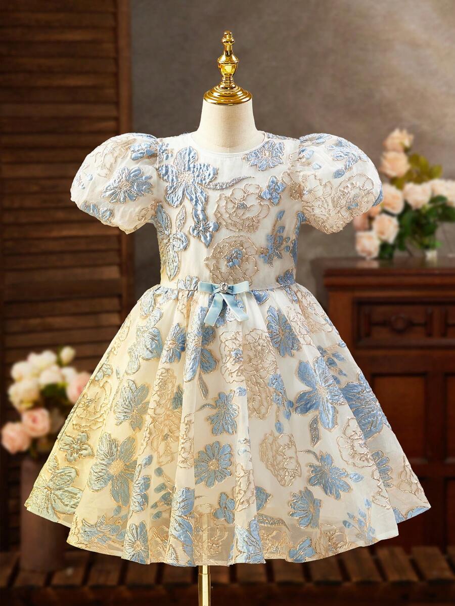 SHEIN Tween Girl Floral Jacquard Puff Sleeve Round Neck Gold Lace Trim ...