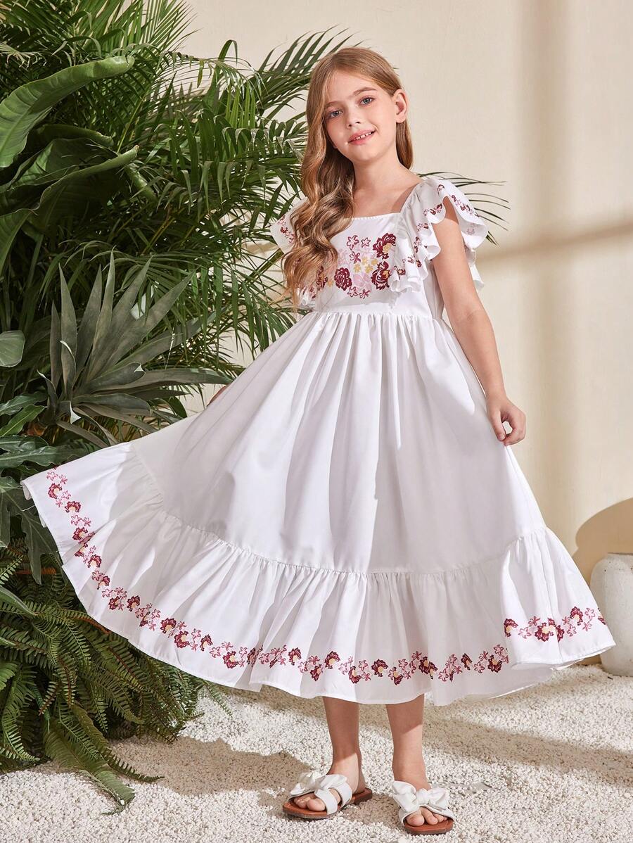 Tween Girls Fusion Print Cap Sleeve Square Neck A-Line Midi Casual Dress | SHEIN UK