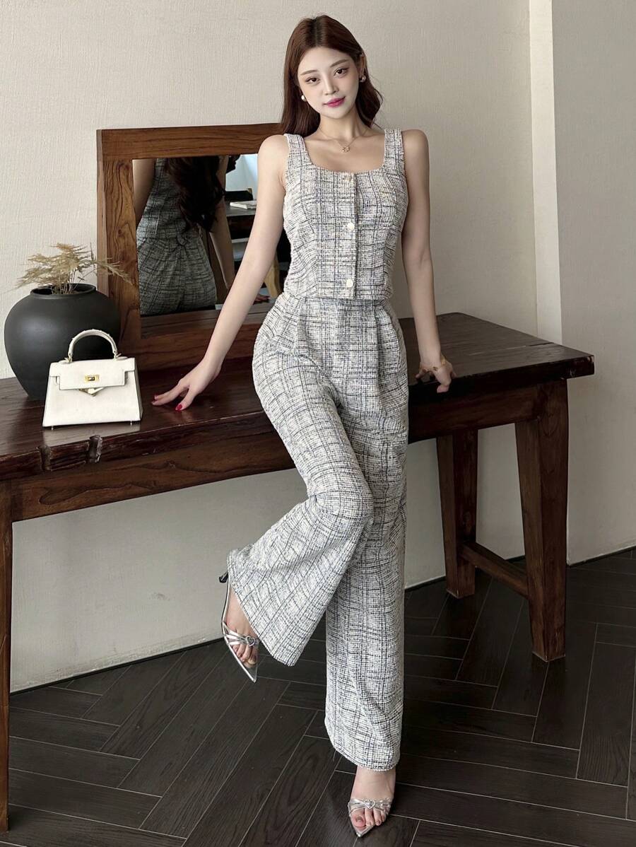 DAZY レディース チェック柄ベスト&ワイドレッグパンツスーツ | #SHEINfashionweek