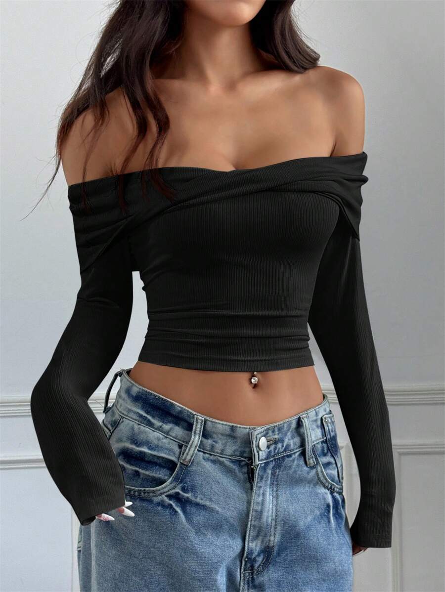 SHEIN EZwear Damen Off-Shoulder Langarm Einfarbiges Top, Lässige Alltagskleidung | aktuelle ...