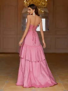 SHEIN Belle Exaggerated Layered Ruffled Asymmetrical Hem Strapless Maxi Evening Dress Elegant ...