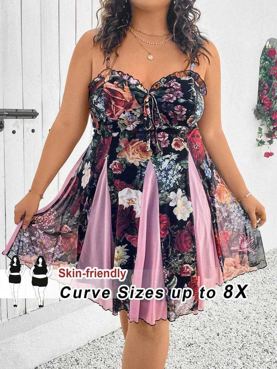 SHEIN CURVE+ Plus Size Vintage Elegant Floral Print Asymmetrical Hem Slip Dress, Summer | SHEIN UK