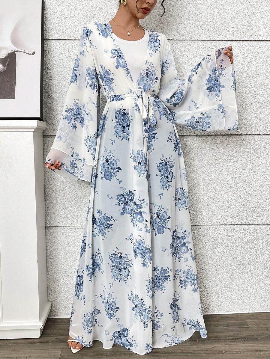 Yasmyna Women's Floral Print Flare Sleeve Elegant Arabic Abaya Cardigan ...