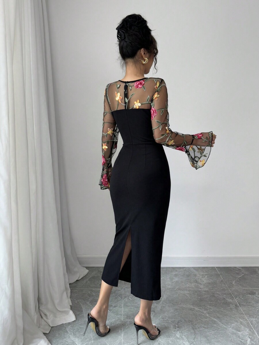 Elenzga Women Elegant Floral Embroidery Mesh Splice Bodycon Dress | SHEIN UK