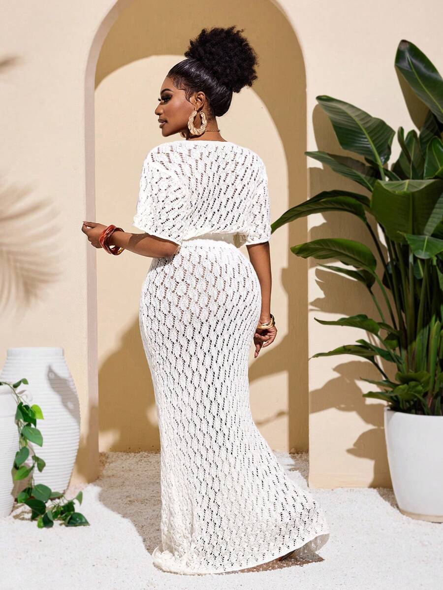 Slaydiva 2025 New Plus Size Women Summer Casual Vacation Simple Crochet Sexy/Solid Ruffle Hem ...