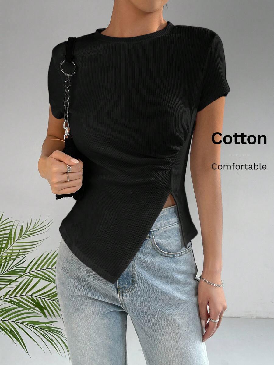 SHEIN Essnce Solid Ruched Split Hem Tee | SHEIN USA