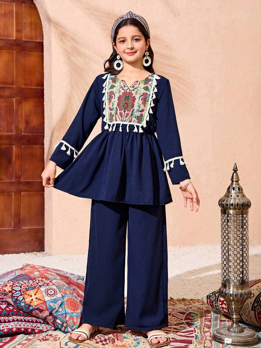 Tween Girls Loose Cute Modest Holiday Floral Collar Top And Pants 2 ...