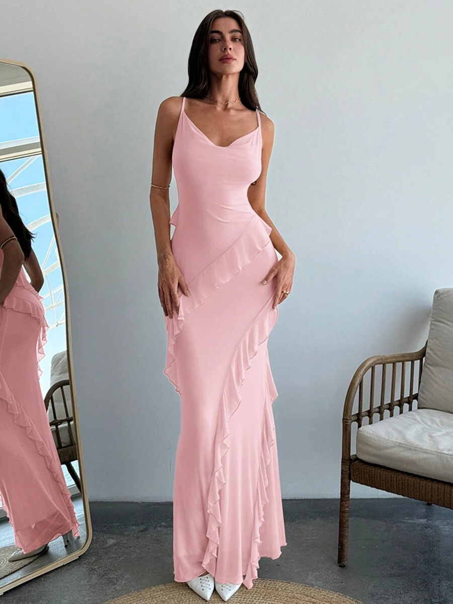 Aloruh Long Ruffled Trim Spaghetti Strap Bodycon Dress For Women, Romantic Date Outfits, Spring ...