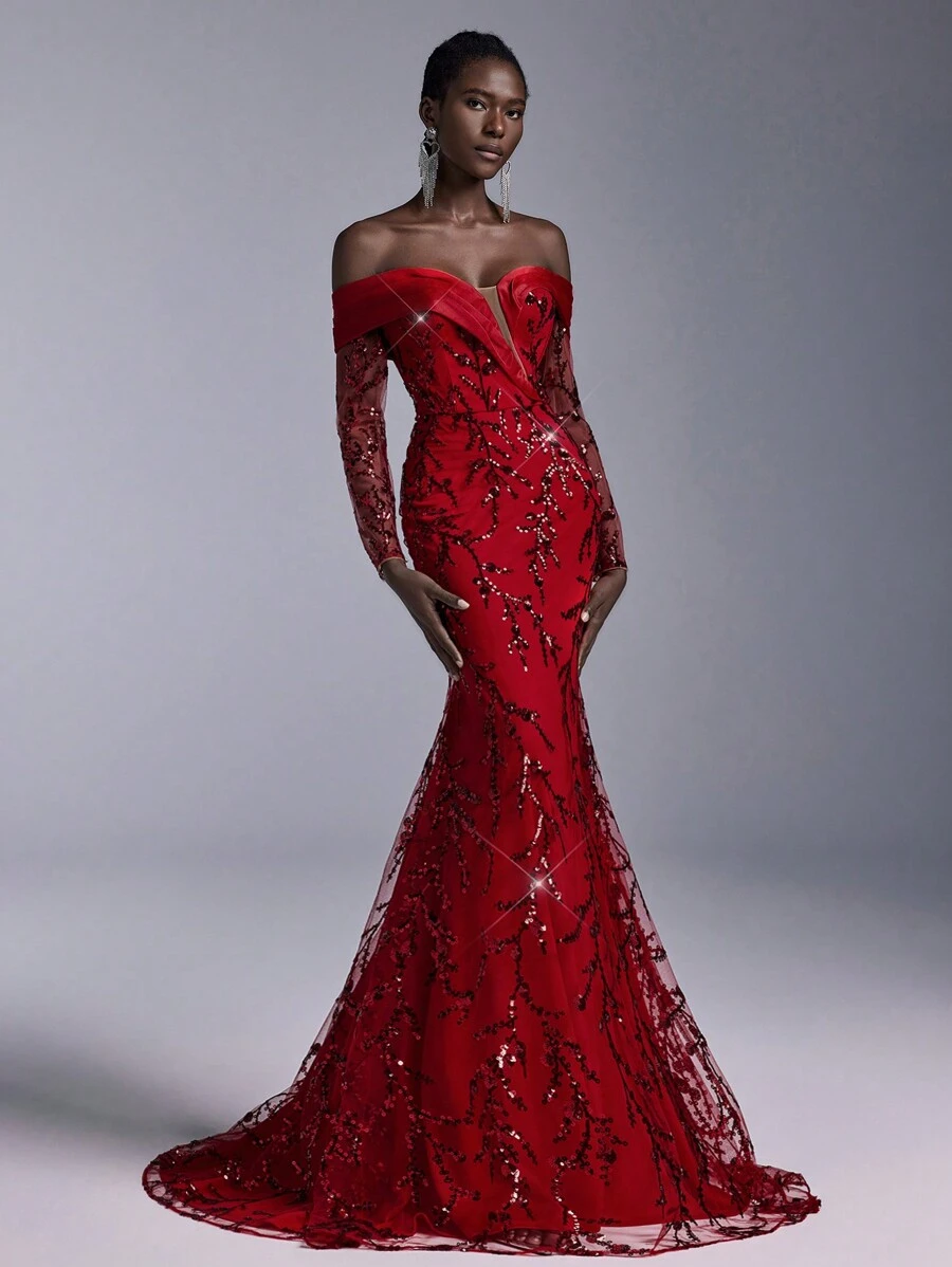 SHEIN Belle Elegant Luxury Red Off Shoulder Sequin Floral Splice Satin ...