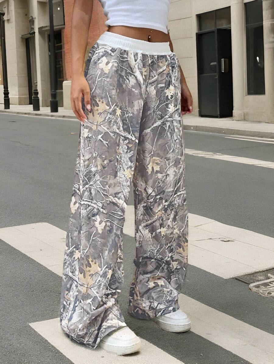 Muchica Branch Print Woven Women's Elastic Waist Casual Wide Leg Pants ...
