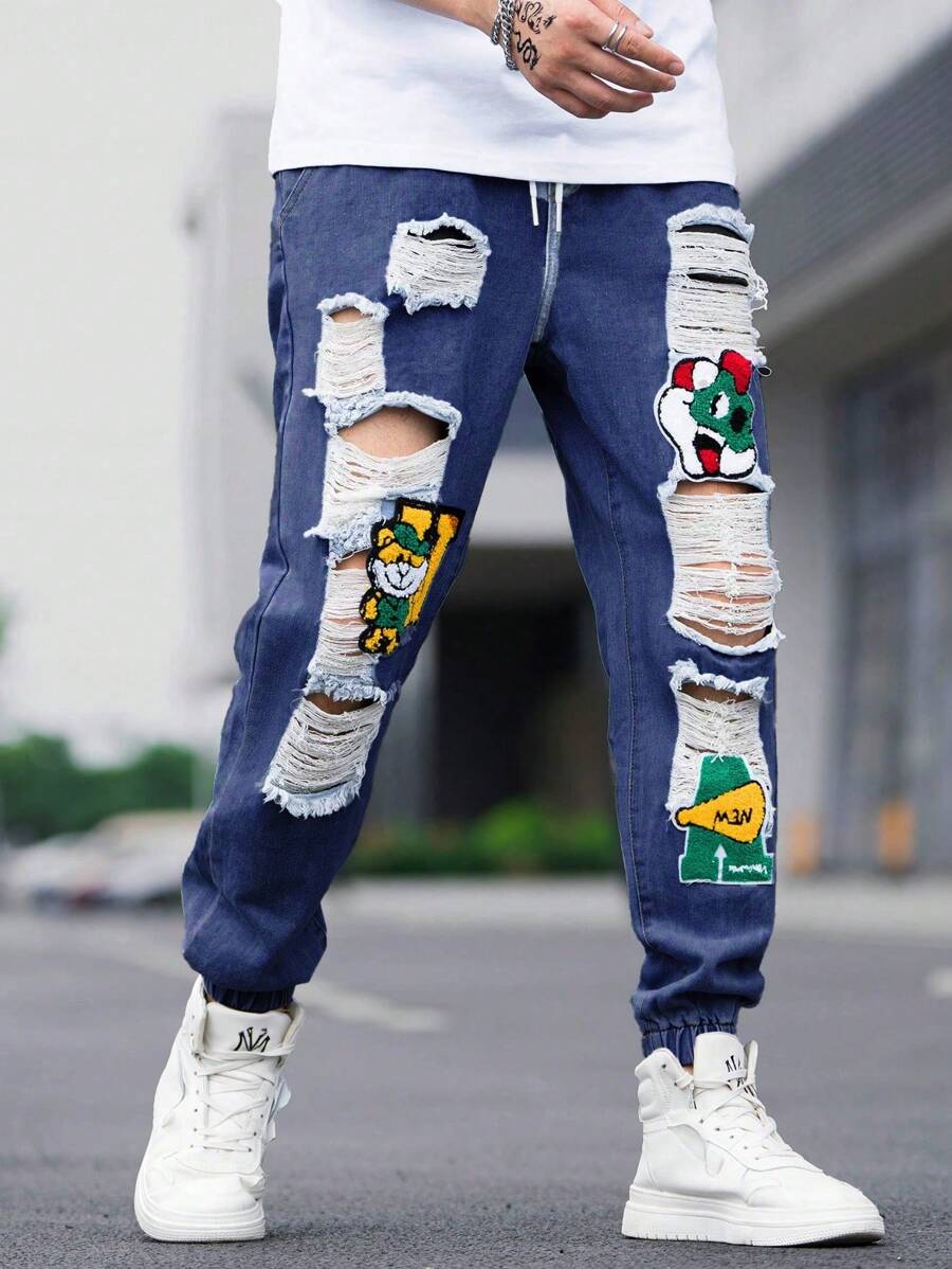 Manfinity Roghcode Loose Fit Men's Cotton Letter Print Ripped Frayed ...