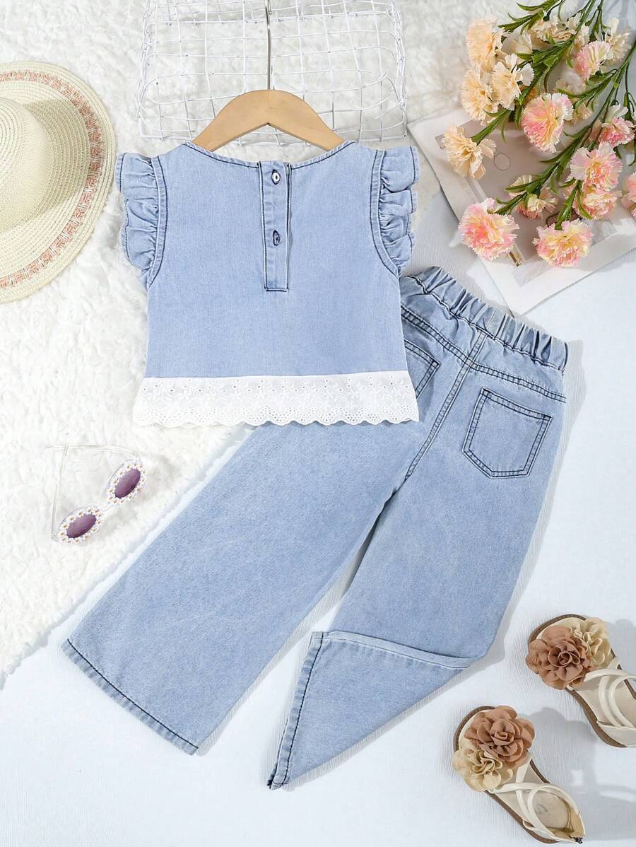 SHEIN 2pcs Young Girl Casual Ruffle Trim Round Neck Denim Top And Wide ...