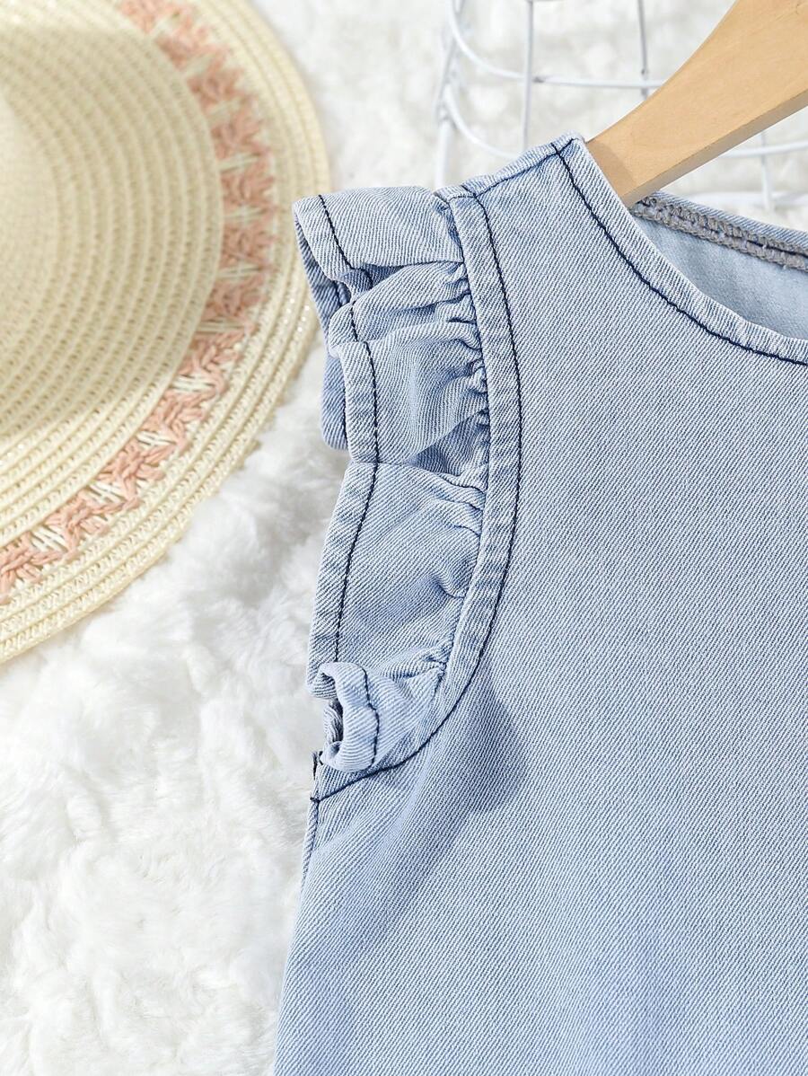 SHEIN 2pcs Young Girl Casual Ruffle Trim Round Neck Denim Top And Wide ...