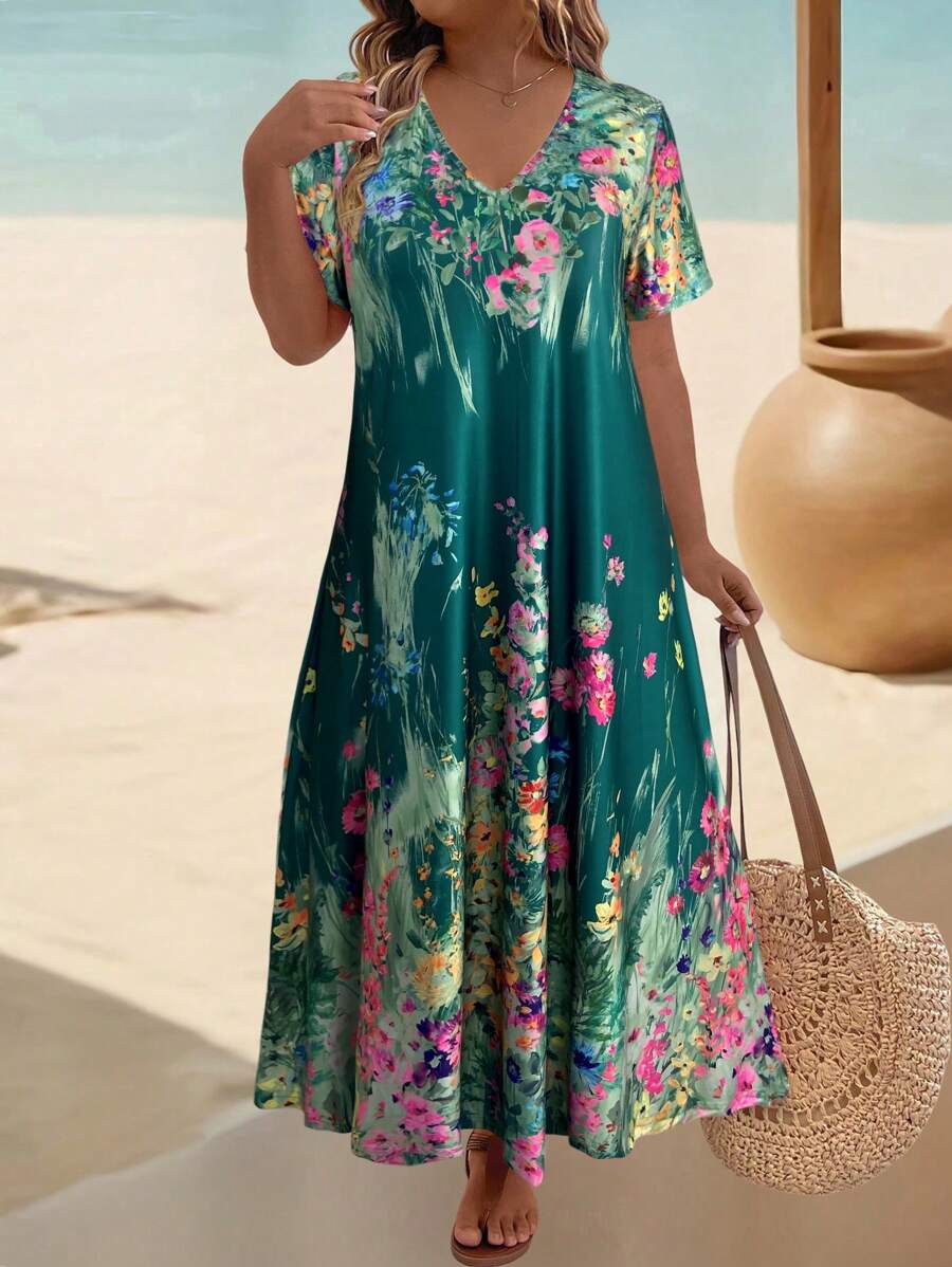 EMERY ROSE Plus Size Summer V-Neck Short Sleeve Floral Print Elegant Loose Dress, For ...