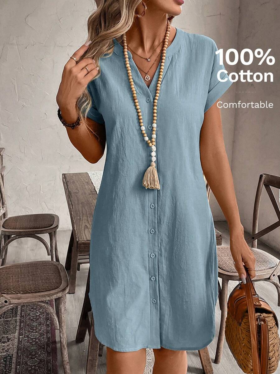 EMERY ROSE Women's Solid Color V-Neck Button Down Short Sleeve Dress ...