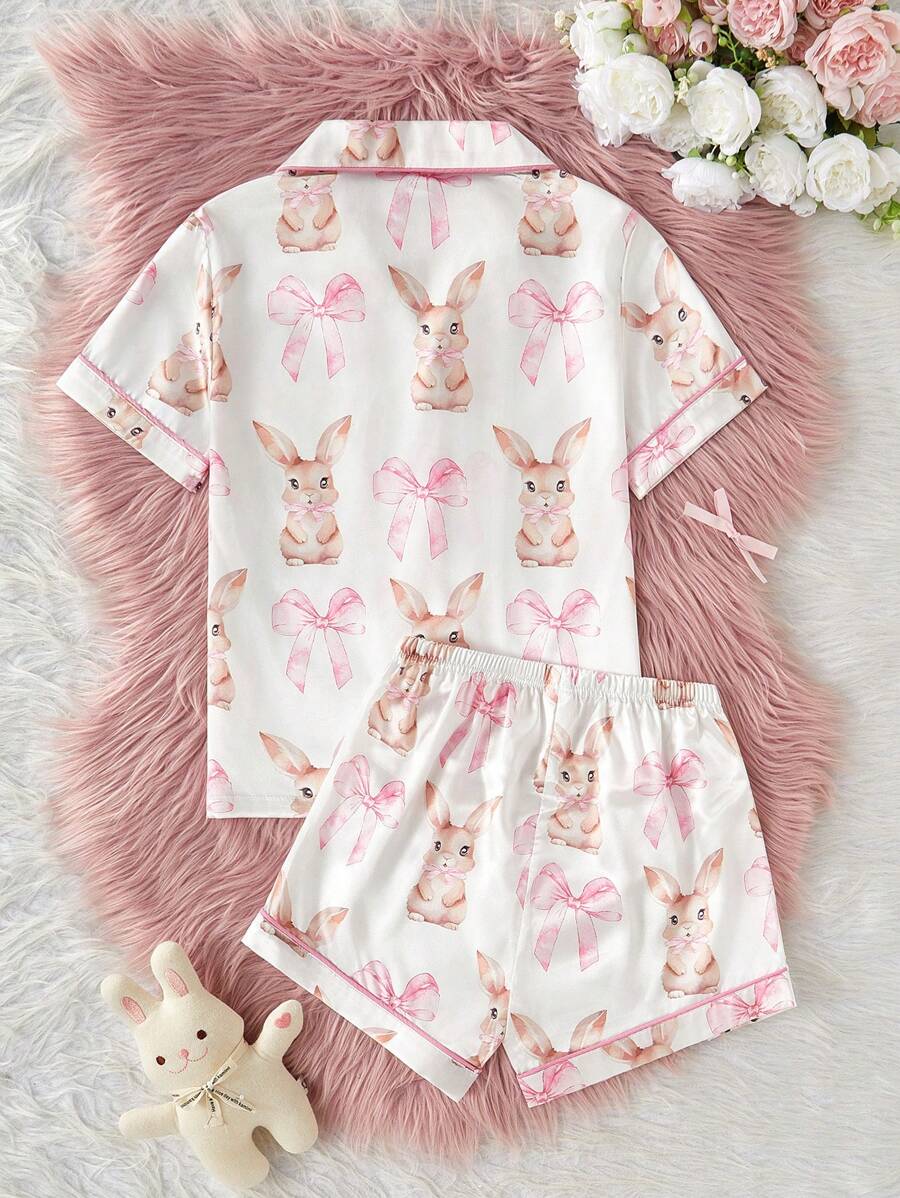 Tween Girls Bow Tie & Rabbit Print Silk-Like Fabric Short Sleeve Top ...