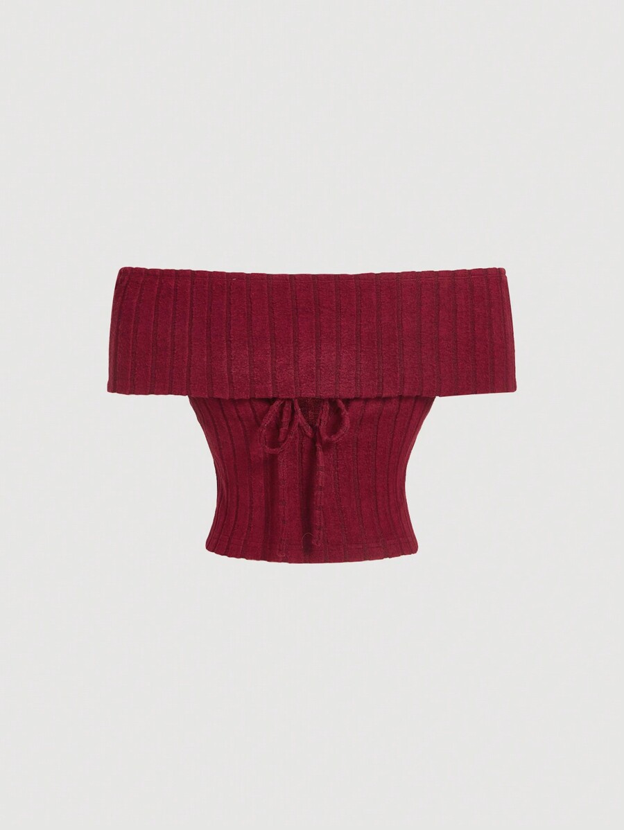 SHEIN MOD Fitted Twist Knot Off Shoulder Rib-Knit T-Shirt,Red T Shirts ...