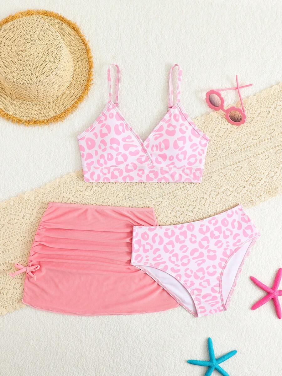 Tween Girls Pink Leopard Print Bikini With Beach Skirt ,Tween Girls ...