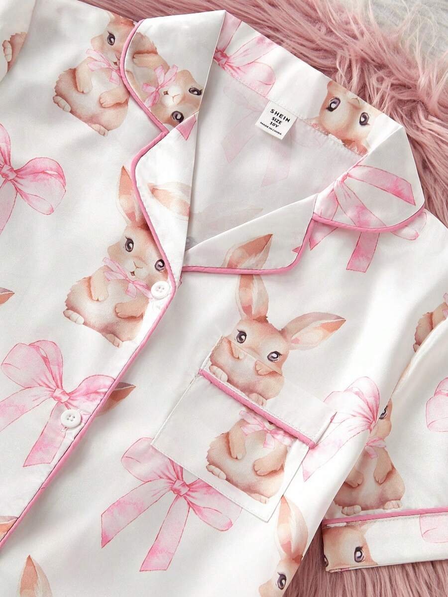 Tween Girls Bow Tie & Rabbit Print Silk-Like Fabric Short Sleeve Top ...