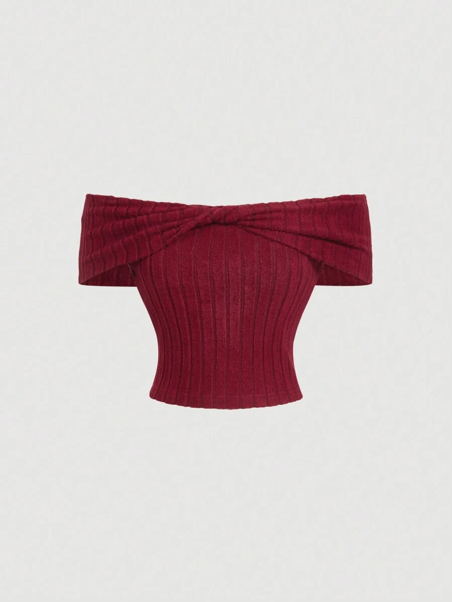 SHEIN MOD Fitted Twist Knot Off Shoulder Rib-Knit T-Shirt,Red T Shirts ...