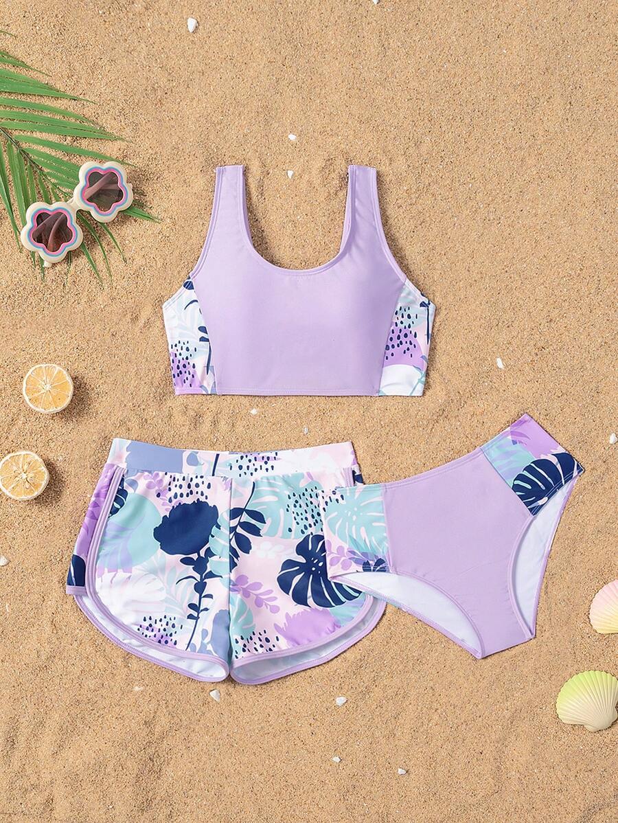 3 Pieces Tween Girl Solid & Floral Print Swimwear Set, Includes Bikini ...