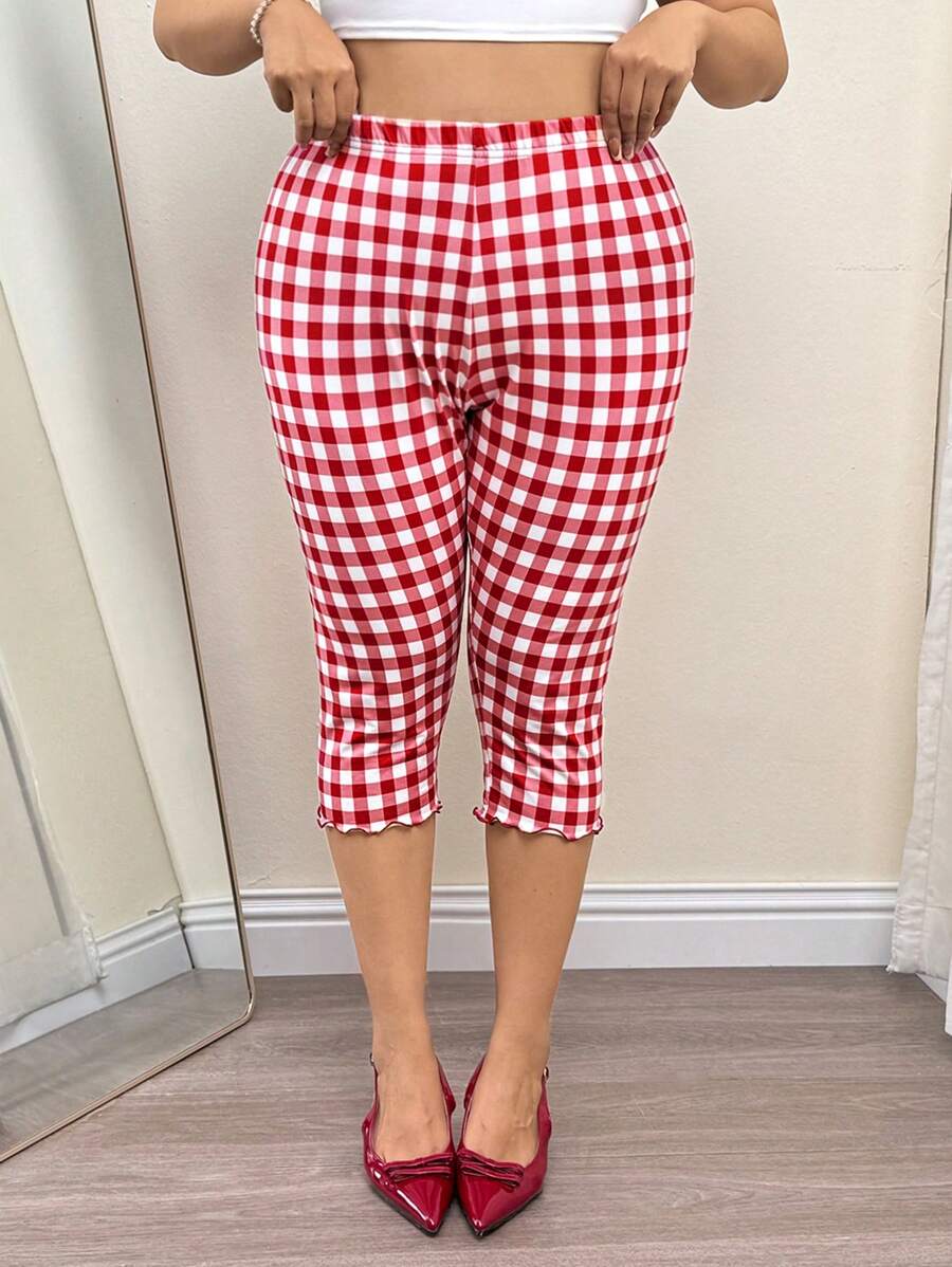 SHEIN ICON Plus Size Red & White Picnic Plaid Pattern Skinny 3/4 Pants ...