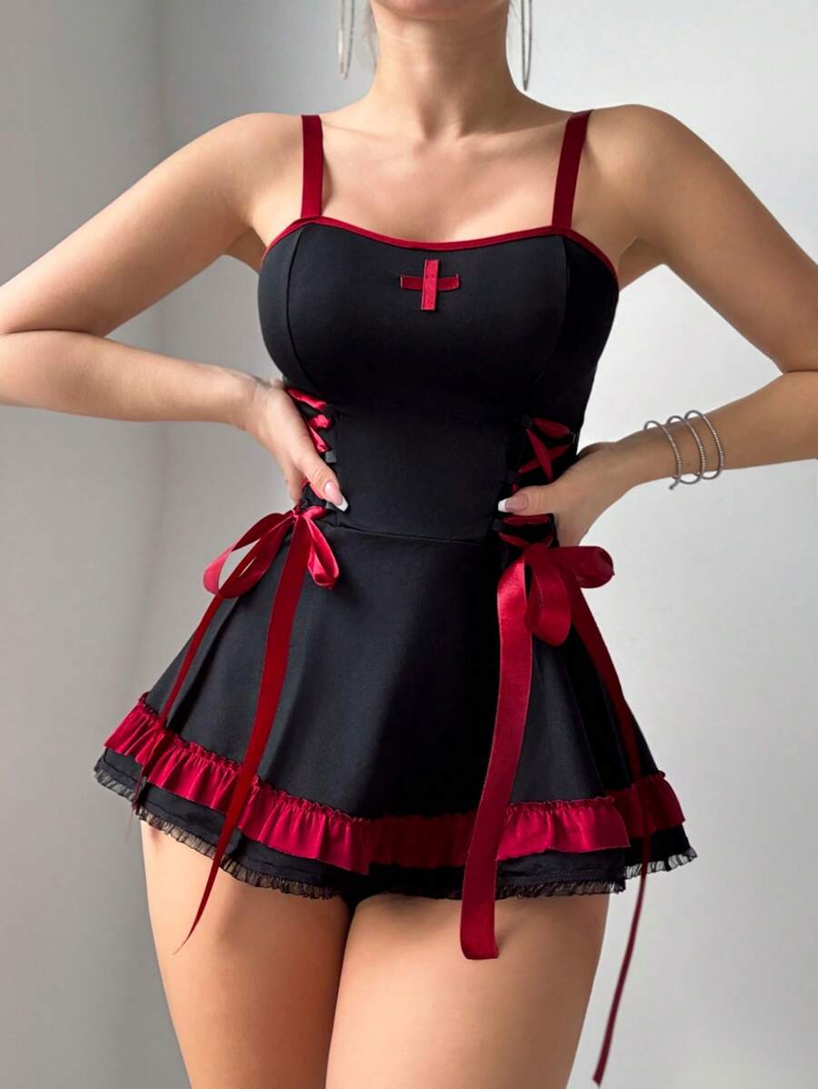 Fantasy Costume 2pcs/Set Lace Trim Women Lingerie Costume (Wire-Free/Thong) | SHEIN USA