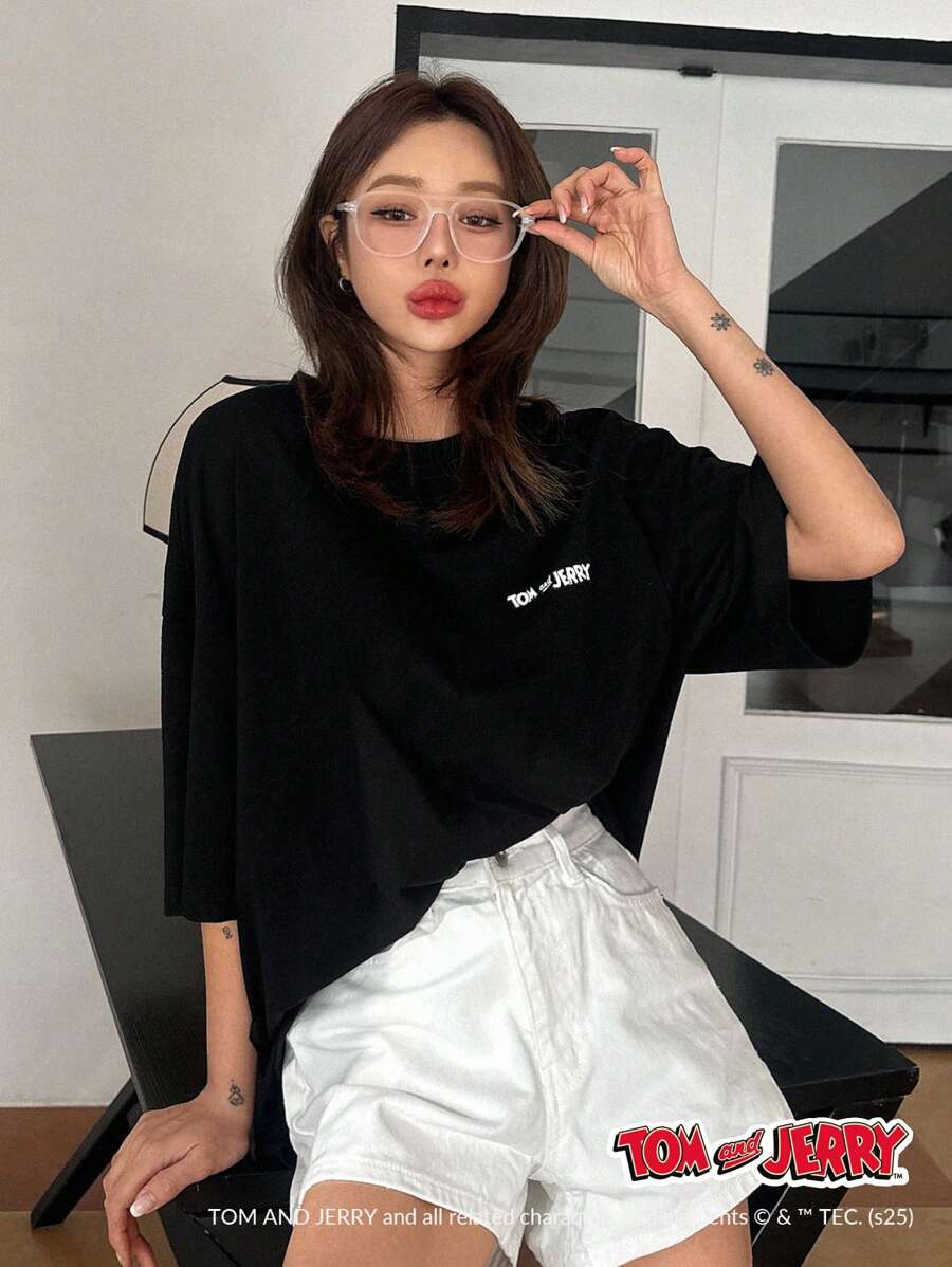 DAZY TOM AND JERRY X DAZY ラウンドネック ロング カジュアル レディース Tシャツ ルーズフィット 文字プリント | #SHEIN新生活応援セール