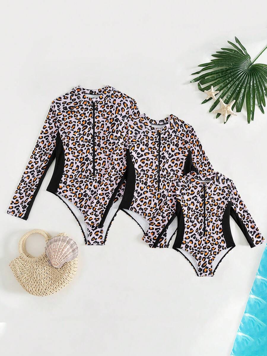 New Leopard Print Color Block Zipper Front Long Sleeve One-Piece Rash ...