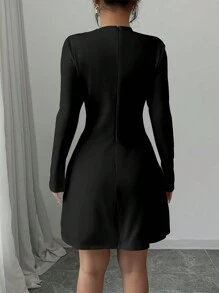 SHEIN Clasi Women's Elegant Solid Color Stand Collar Long Sleeve Minimalist Short Black Dress ...