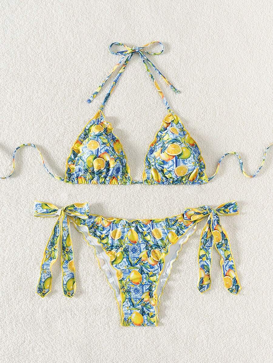 Swim Mod Springbreak Summer Beach Random Lemon Fruit Print Side Tie ...