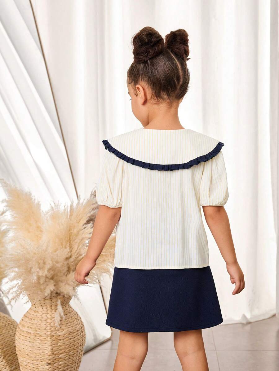 2pcs/Set Young Girl Woven Solid Large Collar Embroidered Fitted Blouse ...