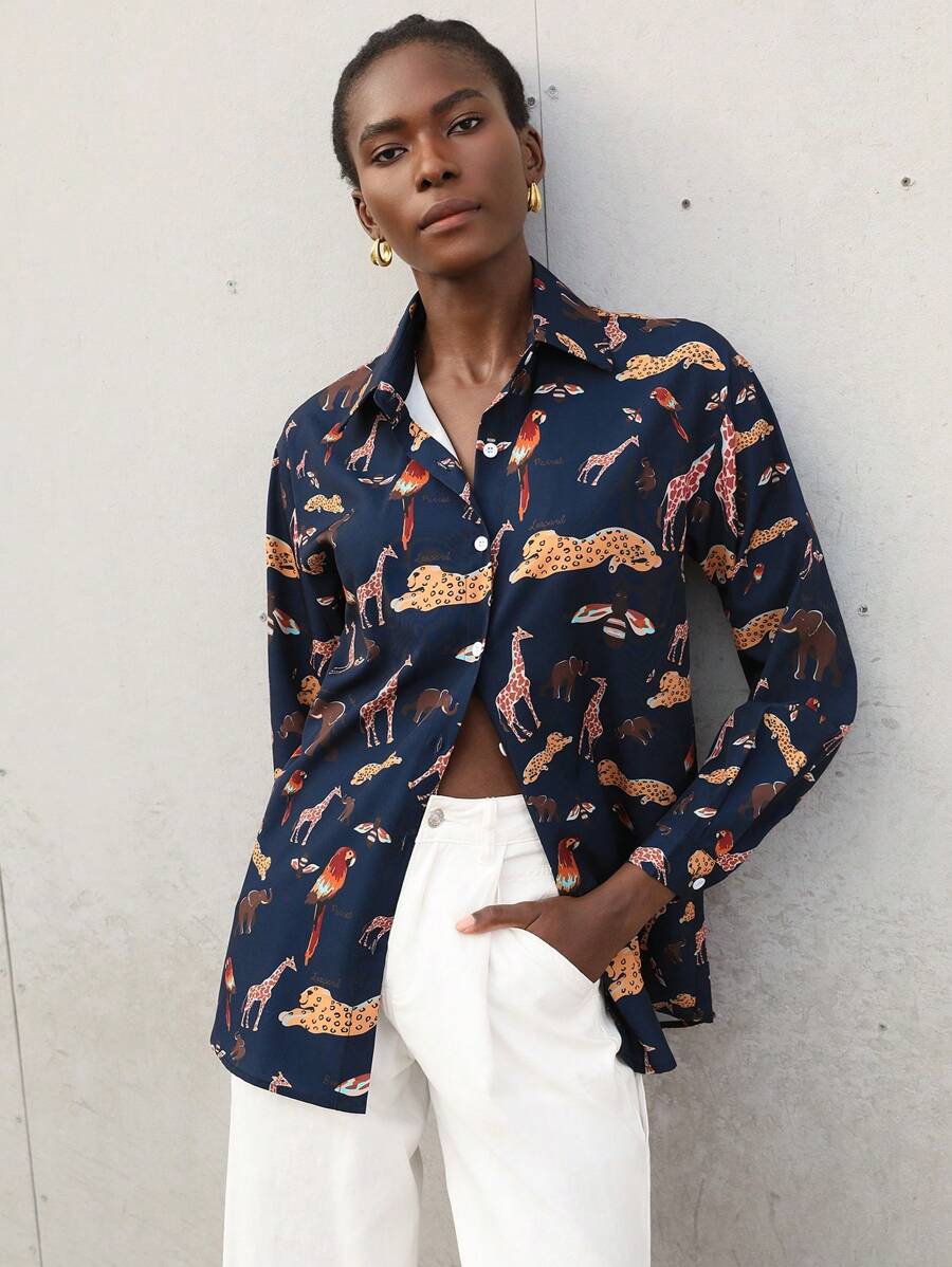 SHEIN Privé Allover Animal Print Drop Shoulder Shirt Button Up Shirt ...