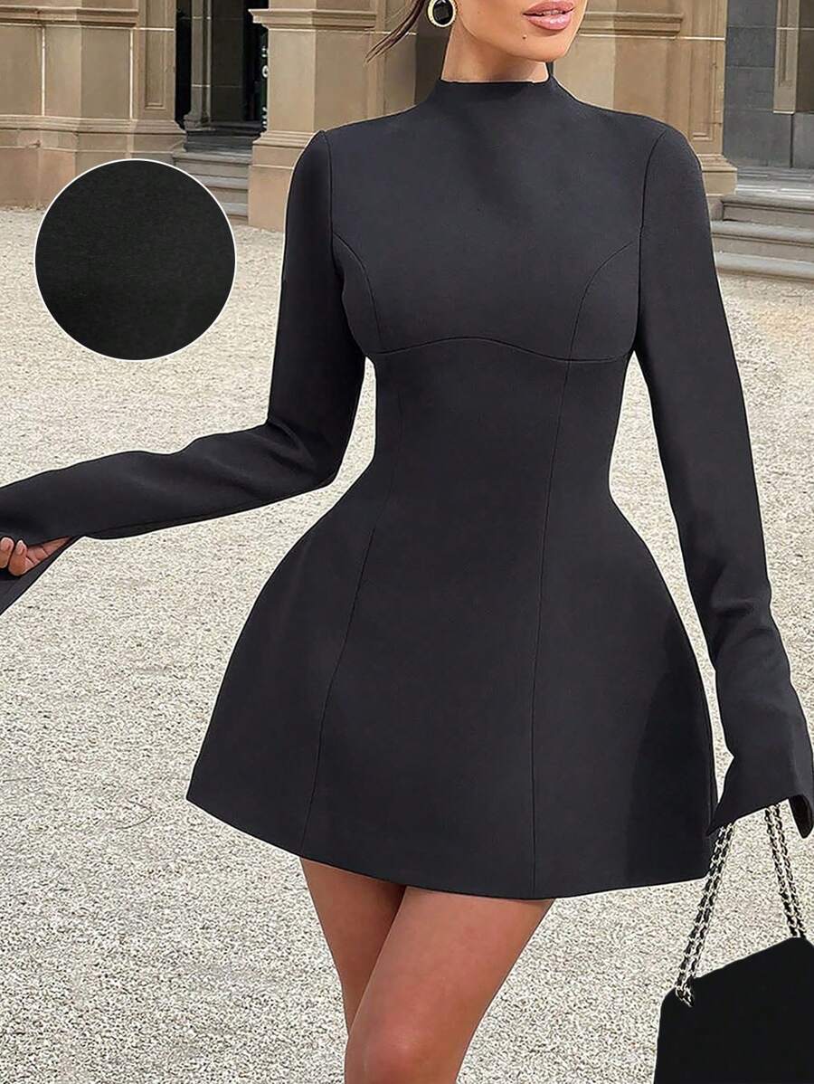 SHEIN Clasi Women's Elegant Solid Color Stand Collar Long Sleeve Minimalist Short Black Dress ...