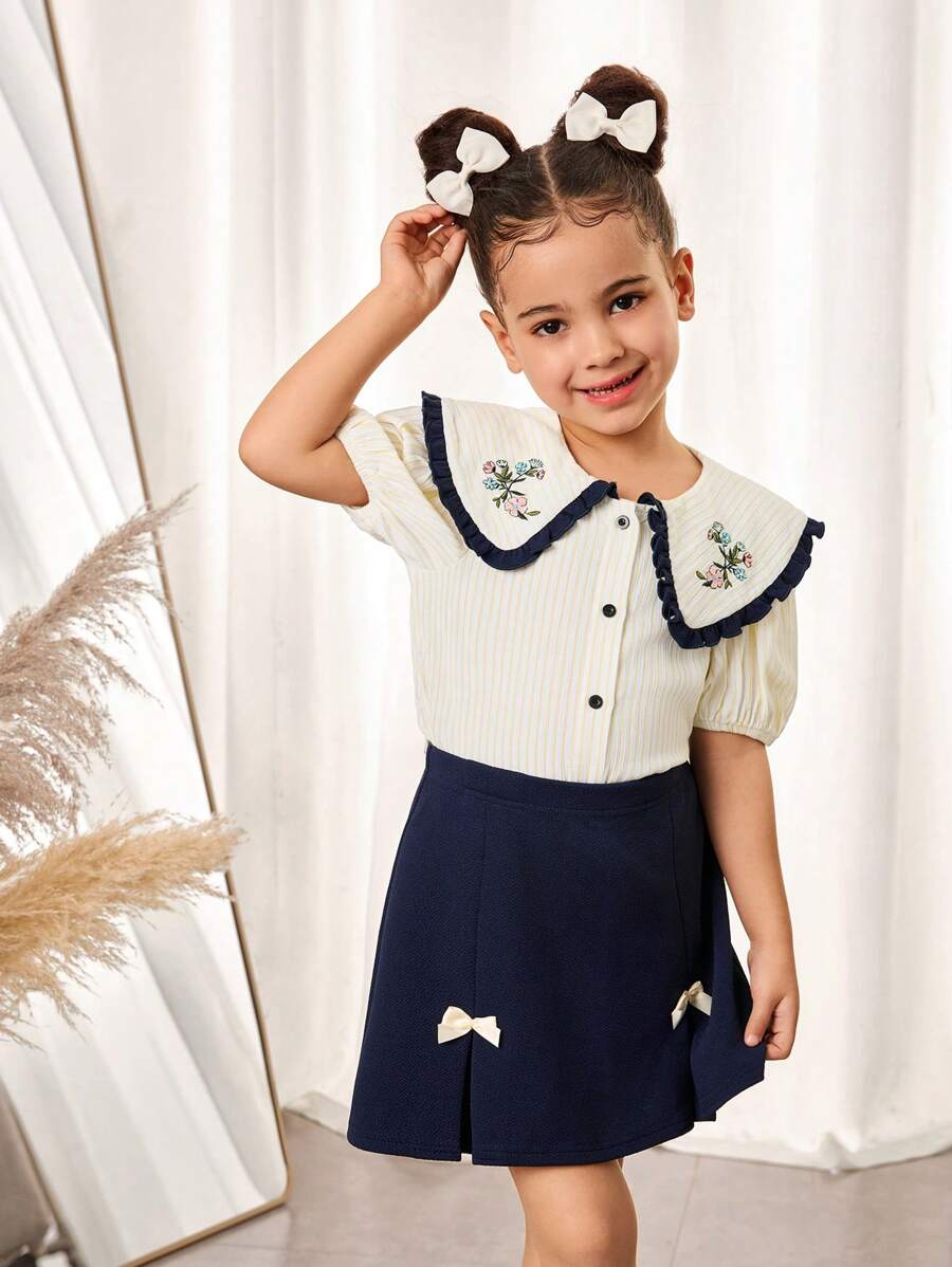 2pcs/Set Young Girl Woven Solid Large Collar Embroidered Fitted Blouse ...