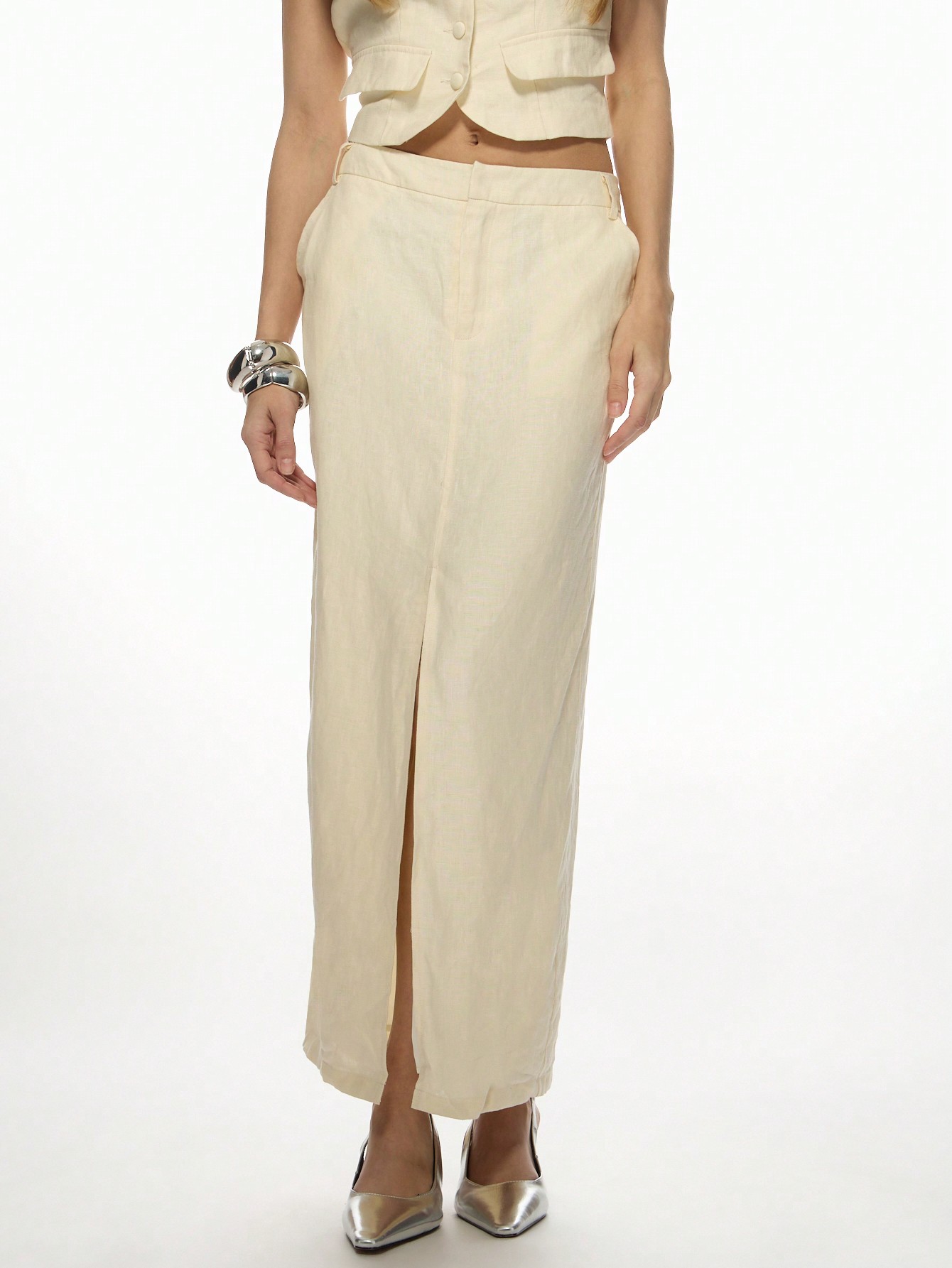 Linen Front Slit Maxi Skirt｜MISSGUIDED