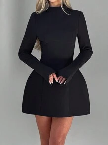 SHEIN Clasi Women's Elegant Solid Color Stand Collar Long Sleeve Minimalist Short Black Dress ...