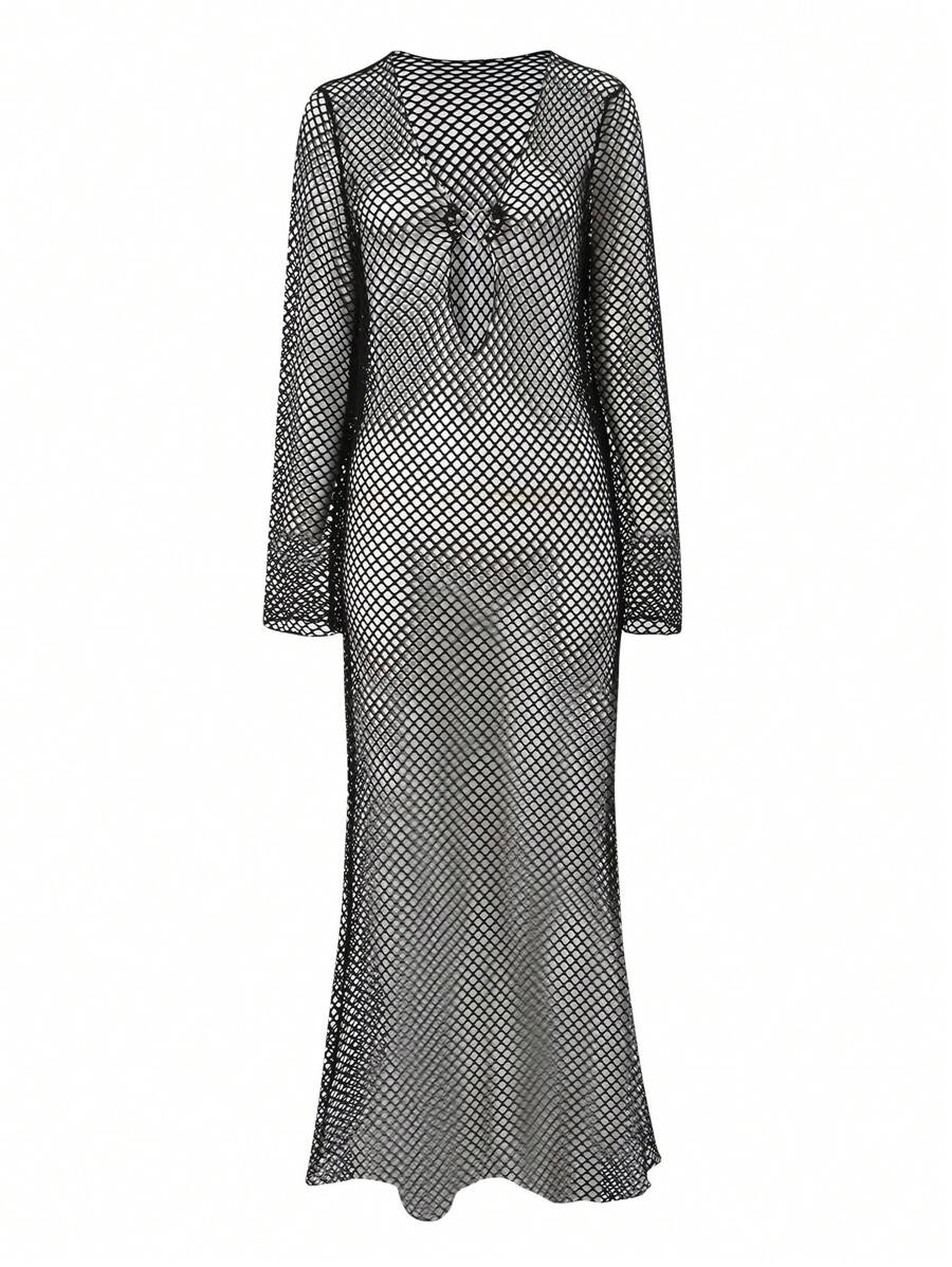 Swim Chiccia 1 Pc Long Sleeve Beach Cover-Up Dress, Solid Color Fishnet ...