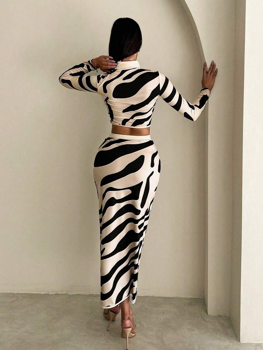 SHEIN Tall Zebra Print Turtleneck Long Sleeve Top And Fitted Mini Skirt ...