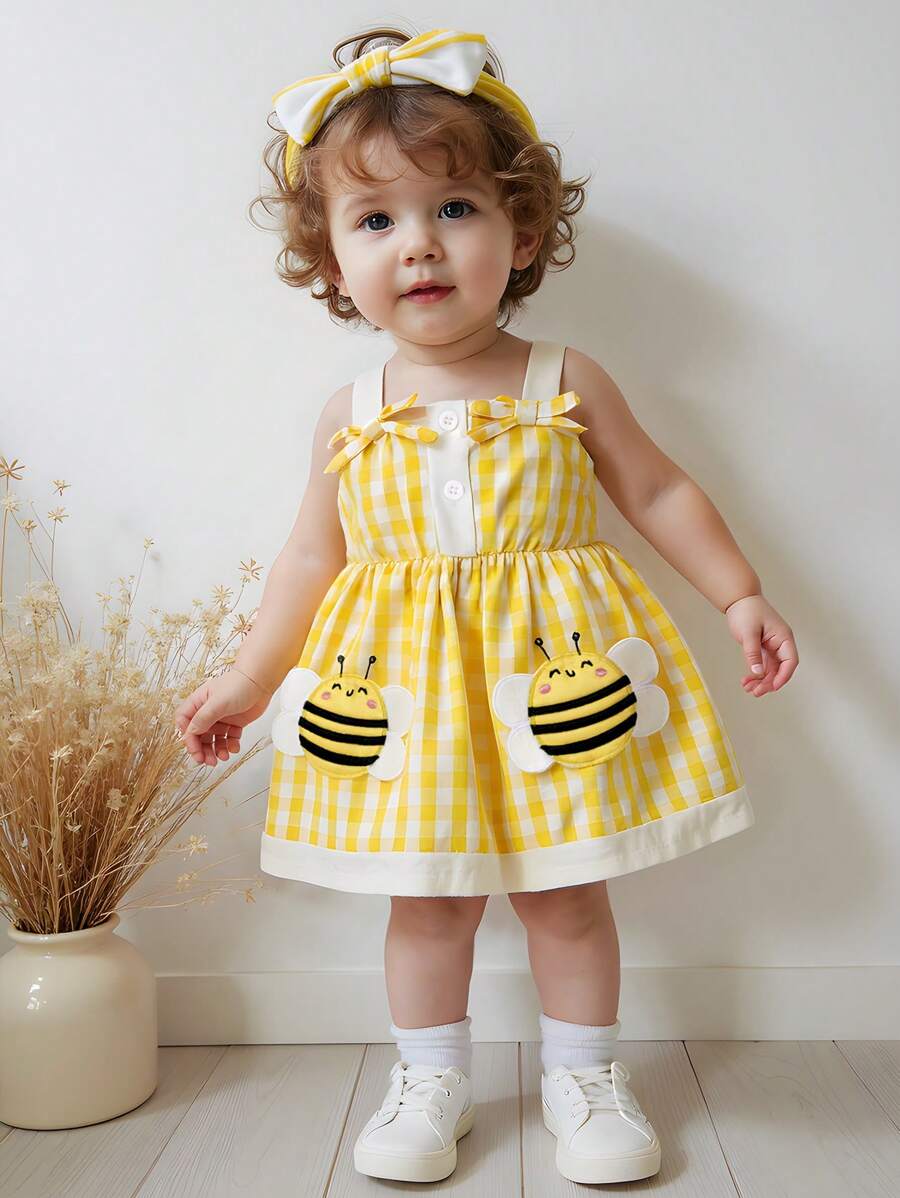 SHEIN Baby Girls Cute Bee Graphic Pocket Design Plaid Strap Bow A-Line ...