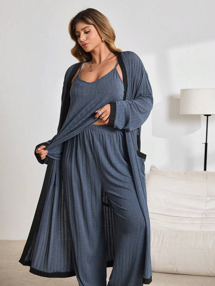 Plus Size Solid Cami Top & Pants & Belted Robe Set, Clothes, Cozy Outfit, Fall & Winter | SHEIN USA