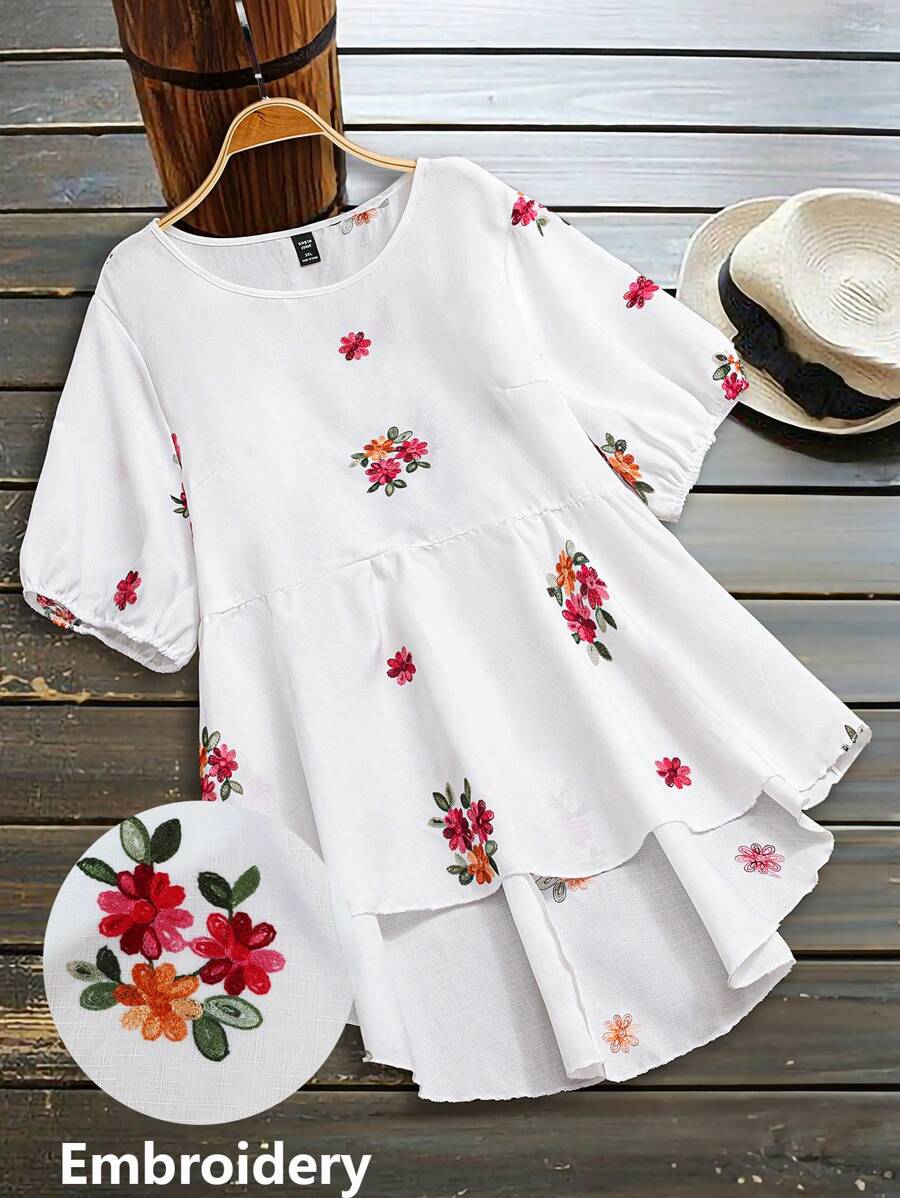 SHEIN Holidaya Plus Size Women's White Bamboo Base Fabric Embroidered Doll Version Short Front ...