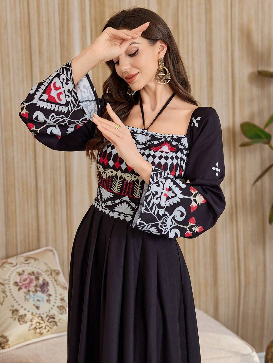 SHEIN Najma Women's Long Halter Neck Pattern Elegant A-Line Dress ...