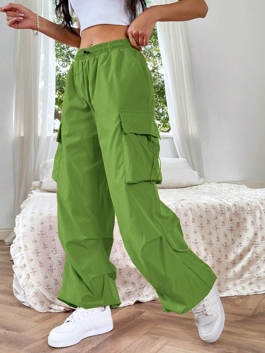 SHEIN EZwear Dopamine Pink Flap Pocket Side Drawstring Waist Cargo Pants | SHEIN USA