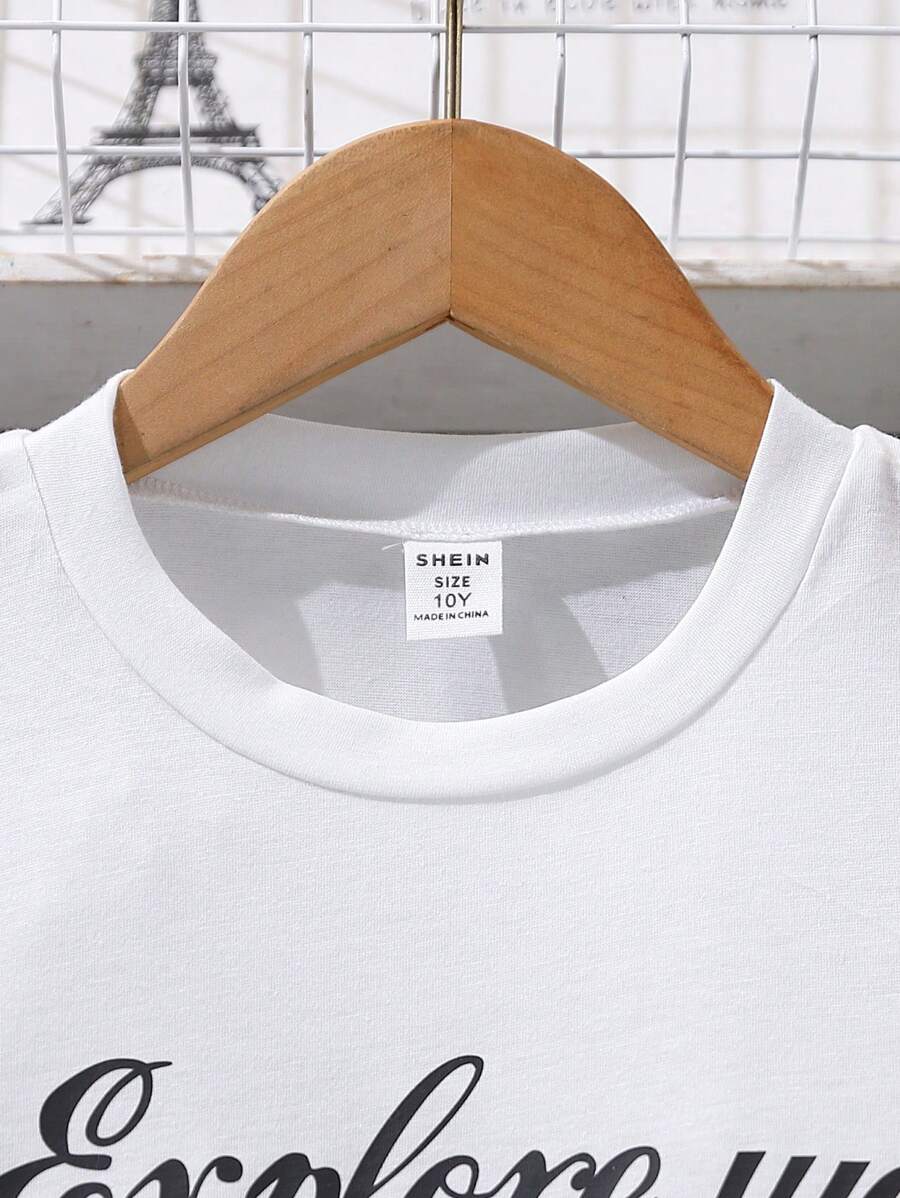 SHEIN 2-Piece Set For Tween Girls, Casual Style With Round Neck Short-Sleeve Letter Long T-Shirt ...