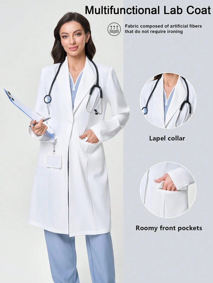 Scrubzie Women's Anti-Wrinkle Lapel Collar Long Sleeve Lab Coat With ...