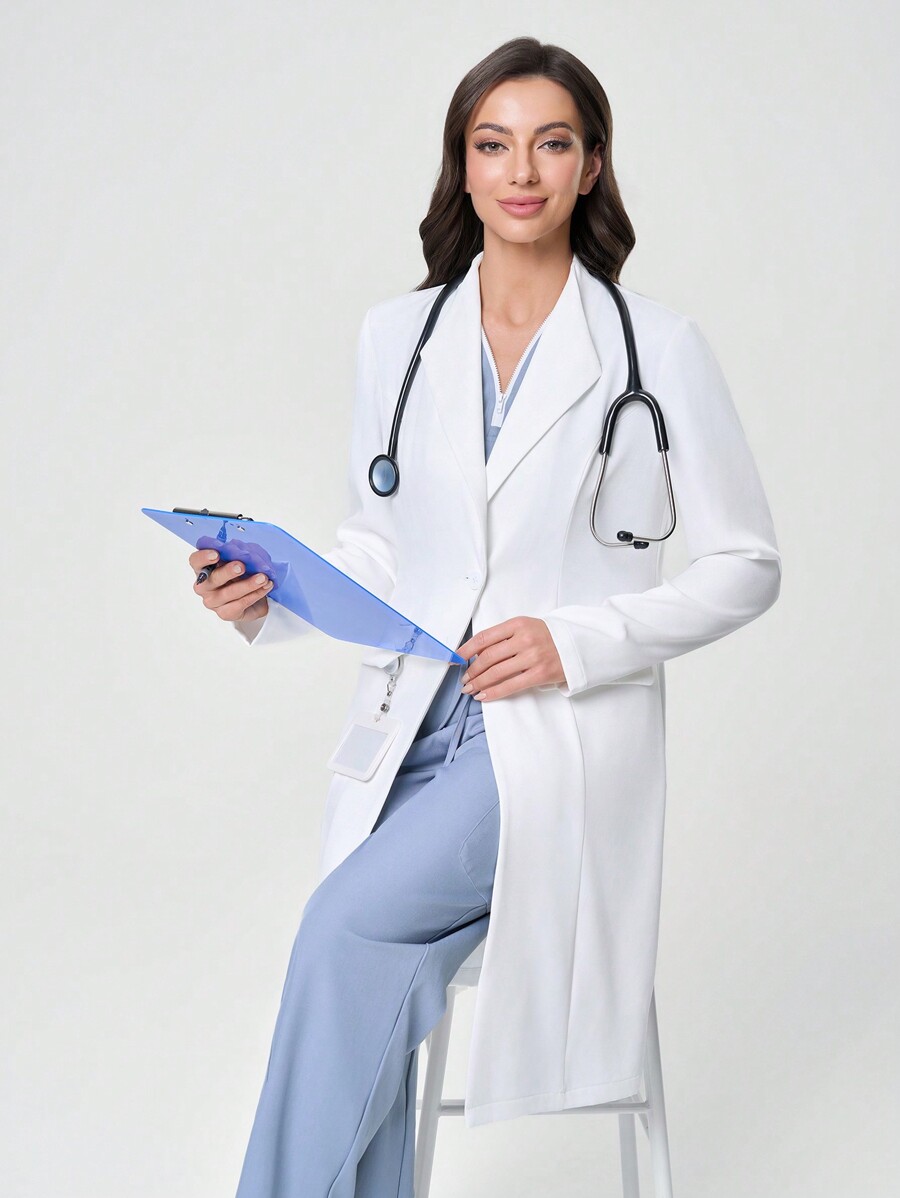 Scrubzie Women's Anti-Wrinkle Lapel Collar Long Sleeve Lab Coat With ...