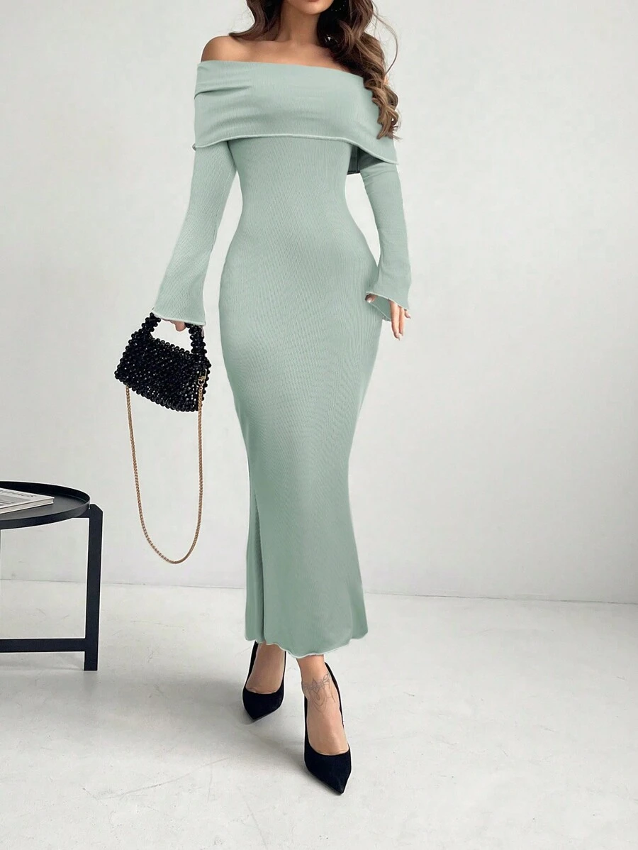Aloruh レディース オフショルダー カラーブロック トランペットスリーブ フィッシュテールヘム ドレス | SHEIN JAPAN