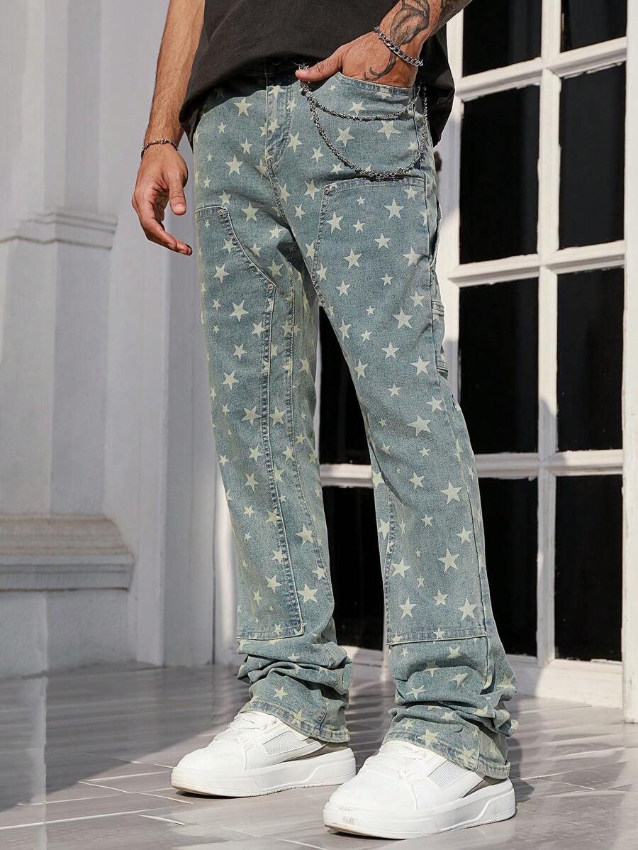 ROMWE Men's Star Pattern Layered Flared Leg Jeans, Streetwear Style ...