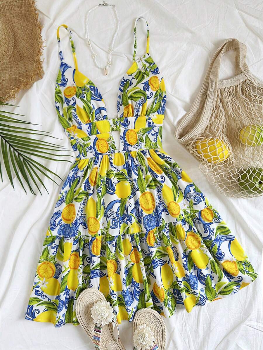 Soleia Women's Vacation Spring Colorful Lemon Print Mini Dress, Valentine's Day Outfit, Summer ...